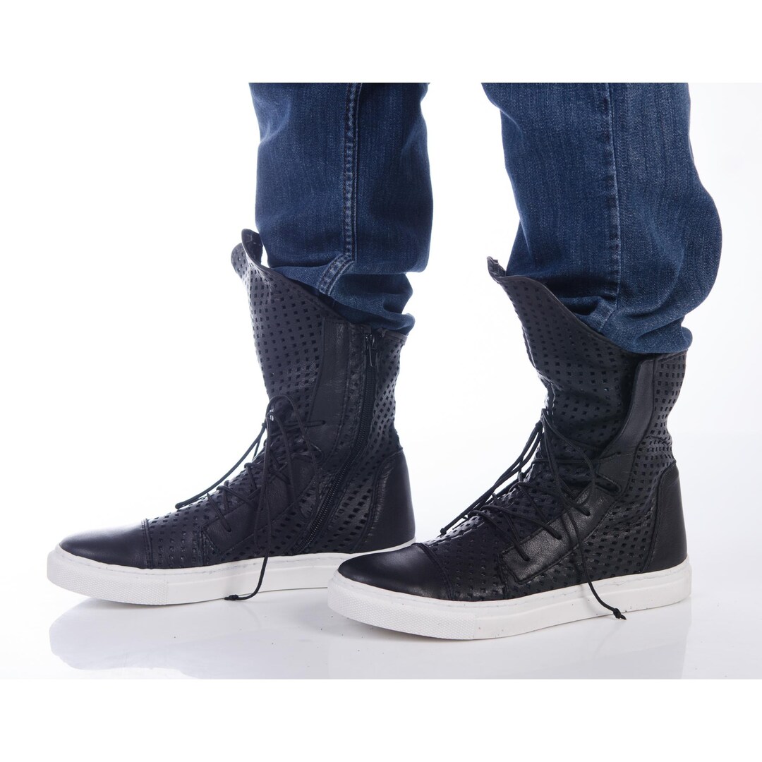 Black Men's Genuine Leather Sneakers Boots, Handmade Black Leather ...