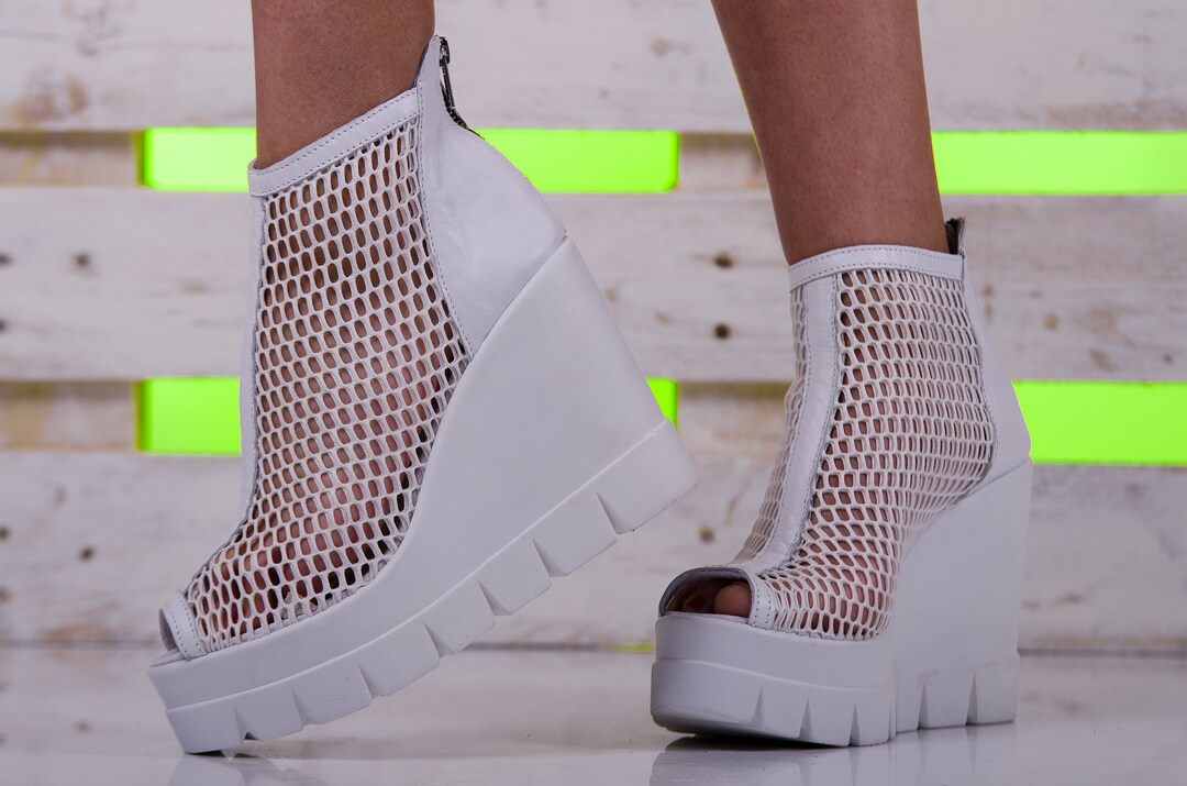 High Platform Sandals, Woman White Lace Leather Sheer Ankle Boots ...