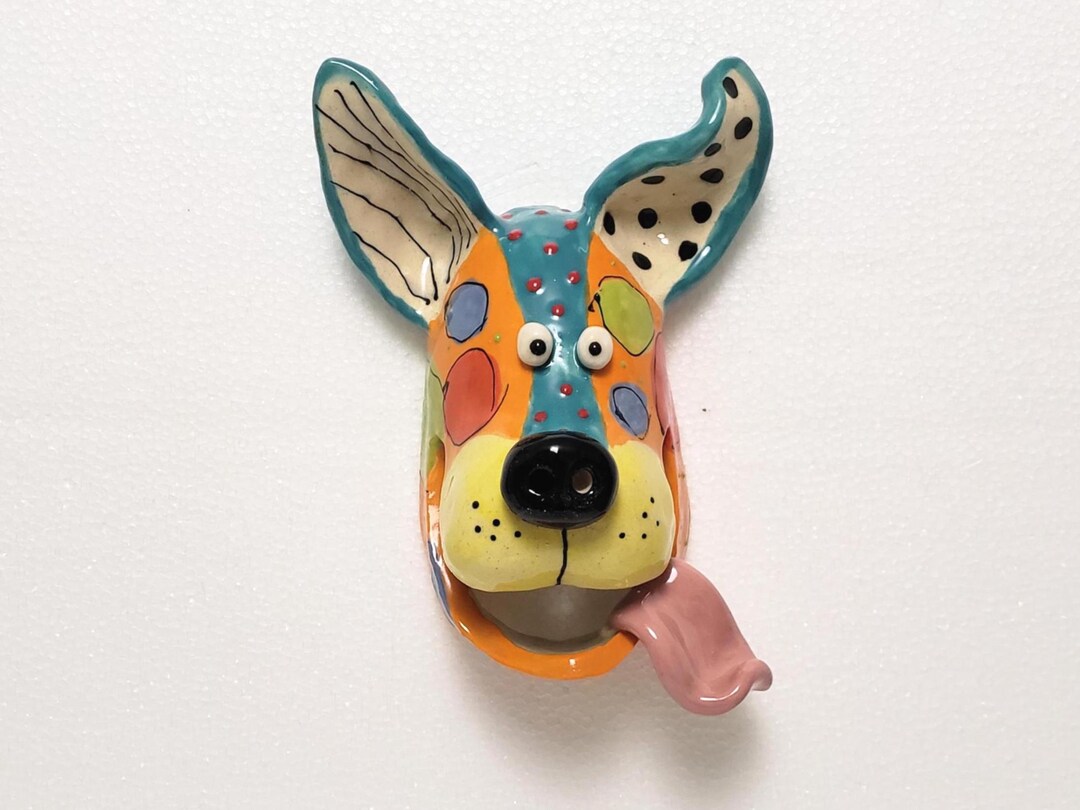 Handmade Ceramic Dog Face Wall Hanging: Turquoise, Orange, Pink Tongue ...