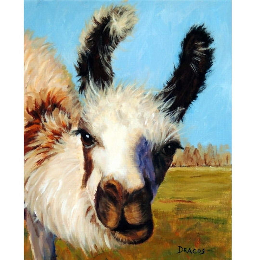 Llamas, Art Print, Painting by Dottie Dracos, Camelids, White and Red ...