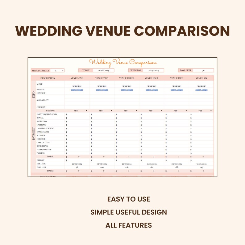 Wedding Planning Spreadsheet | Venue Comparison Tool for Google Sheets ...
