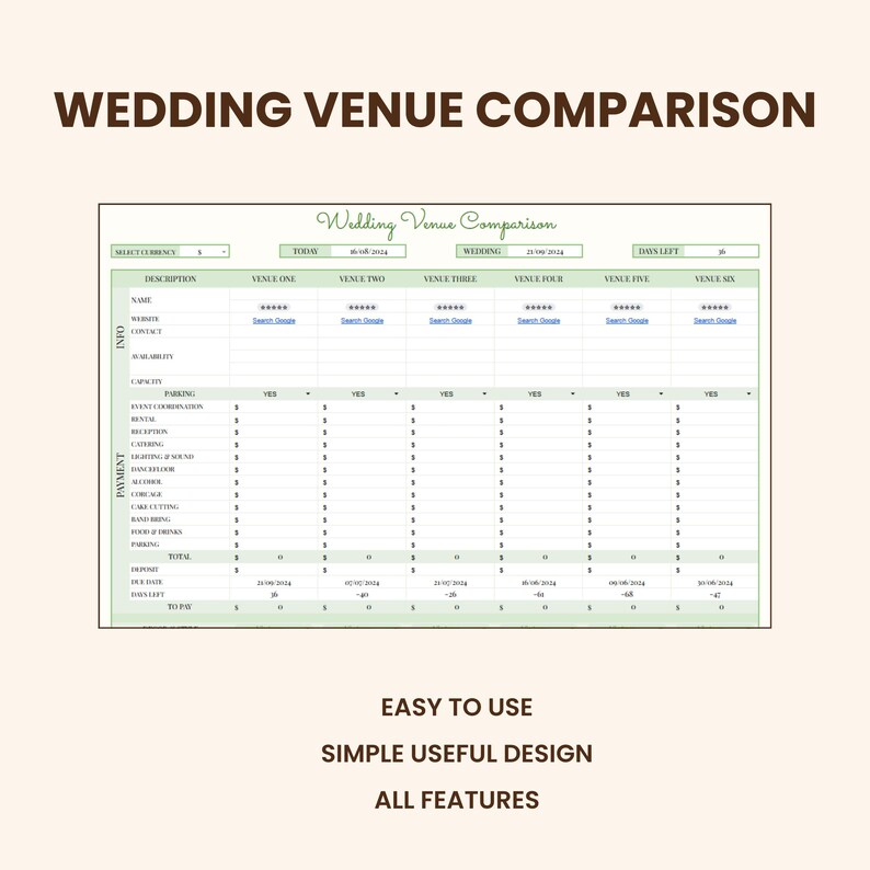 Venue Comparison Spreadsheet for Wedding Planning | Google Sheets ...