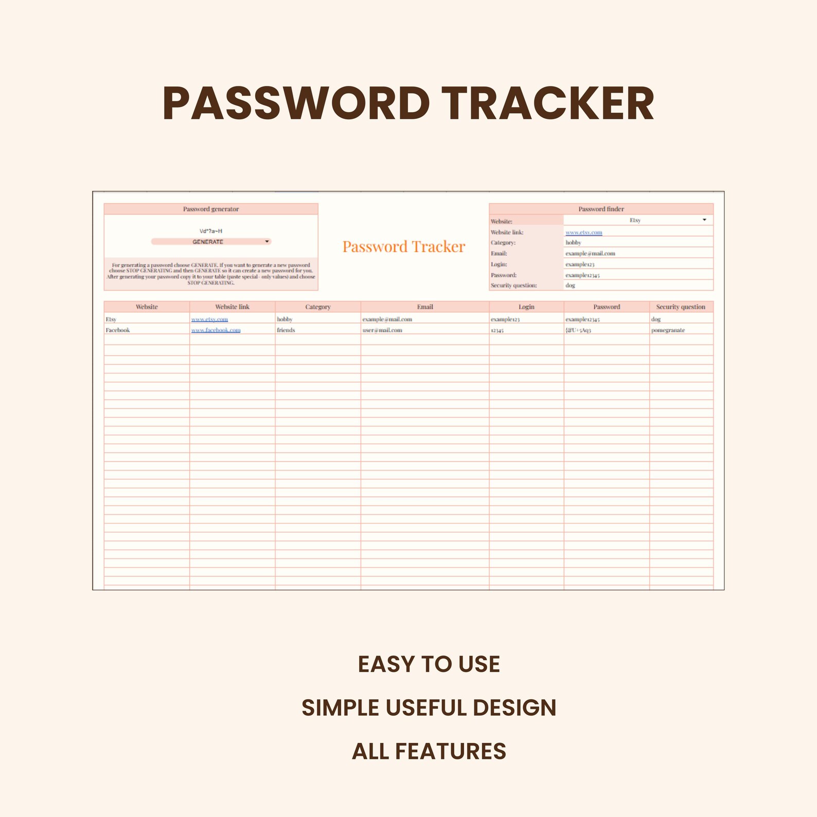 Password Tracker Spreadsheet Google Sheets | Password Keeper | Password ...