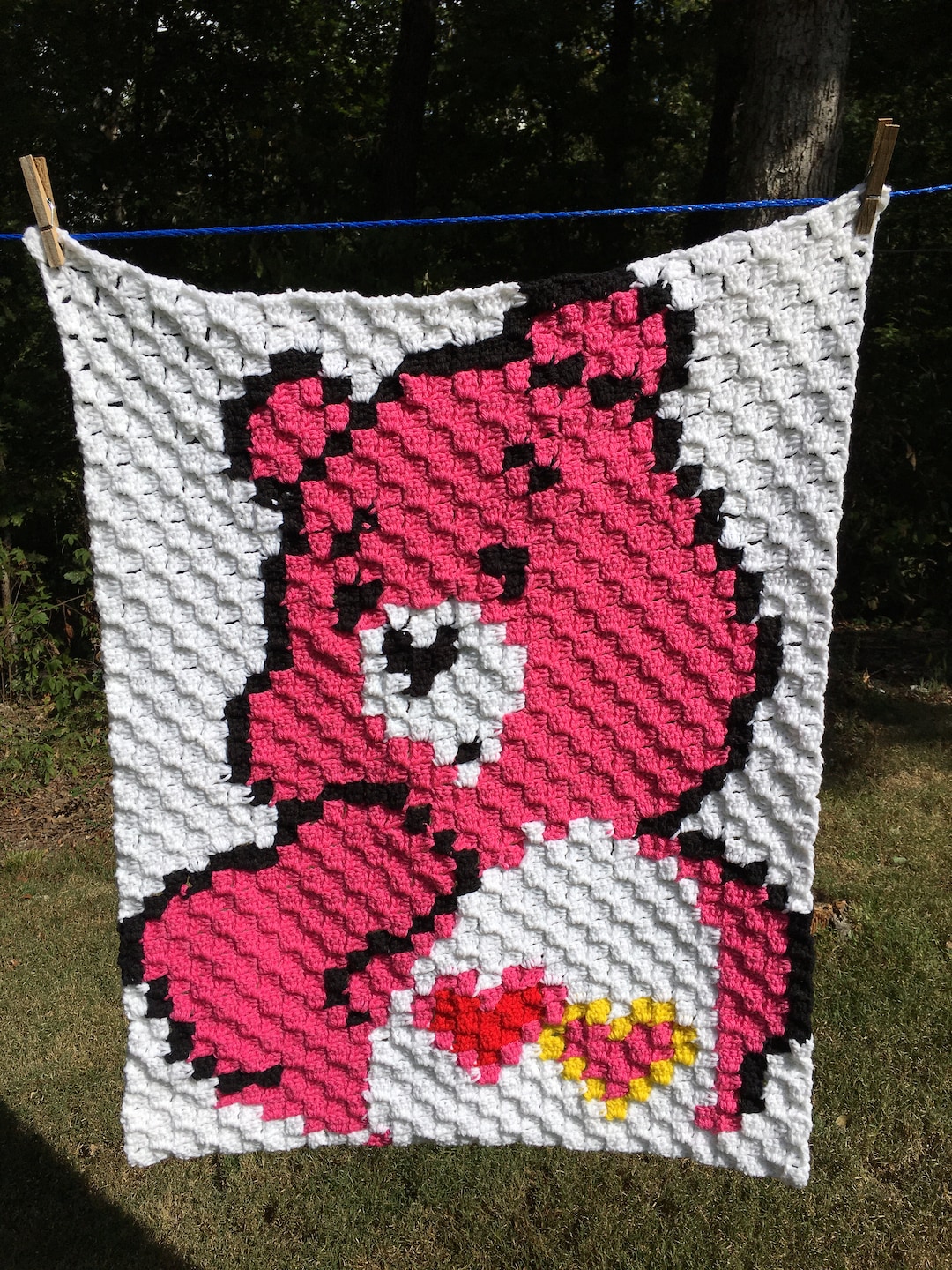 Carebear Handmade C2C Crochet Pixel Art Blanket Love A Lot Bear ...