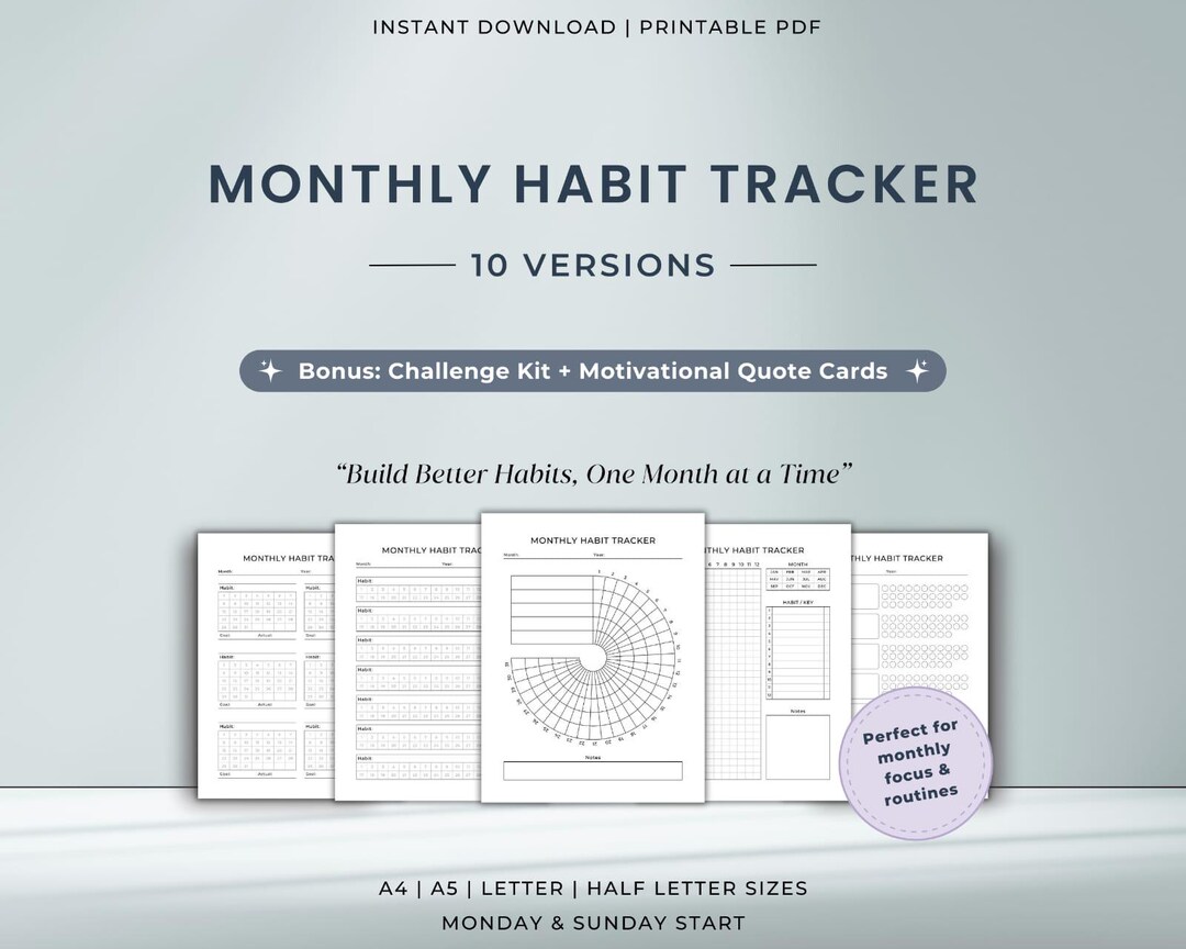 Monthly Habit Tracker Set | Printable Monthly Goal Checklist | Bonus ...