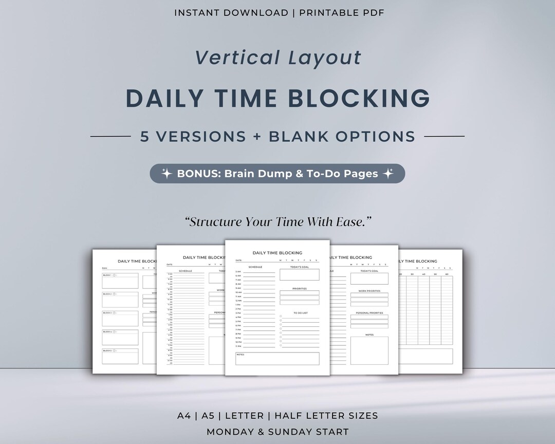Daily Time Blocking Set | Printable Hourly Planner | Bonus Brain Dump ...