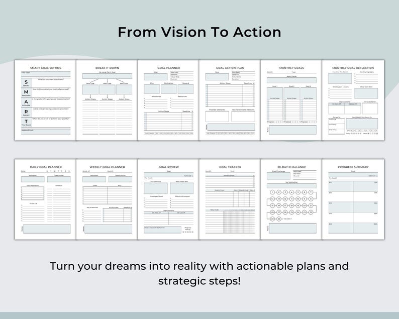 Goal Planner Bundle, Printable Green SMART Goal Setting, Goal Action ...