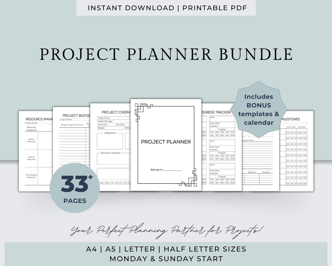 Project Planner Printable Bundle: Project Management, Task Tracker and ...