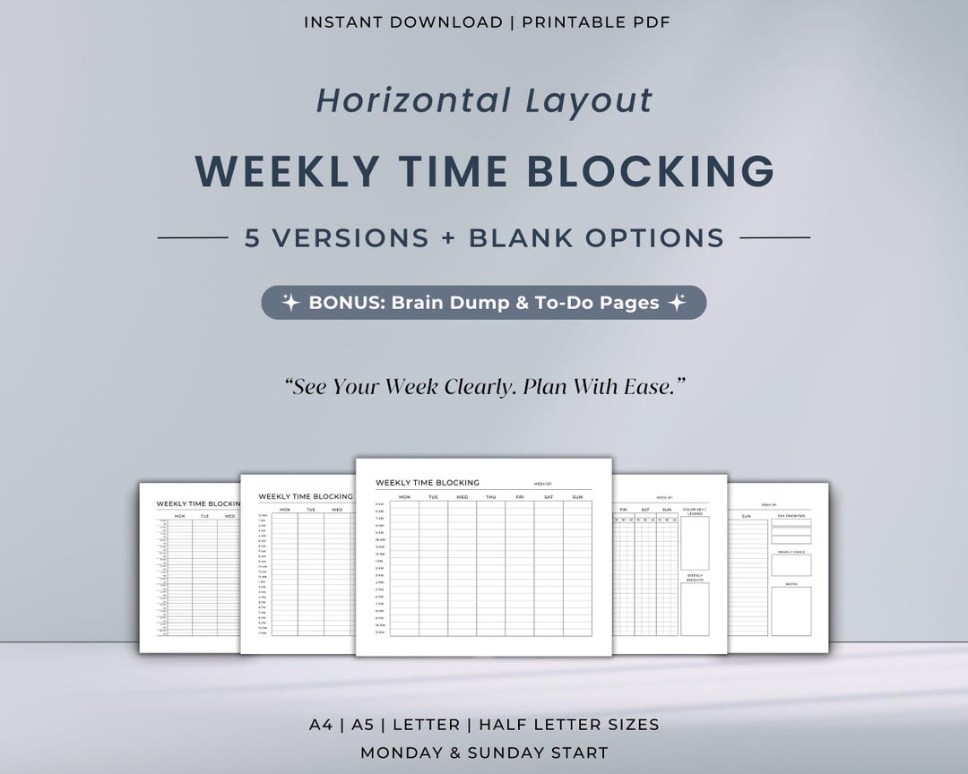 Horizontal Weekly Time Blocking Set | Hourly Weekly Schedule | Bonus ...