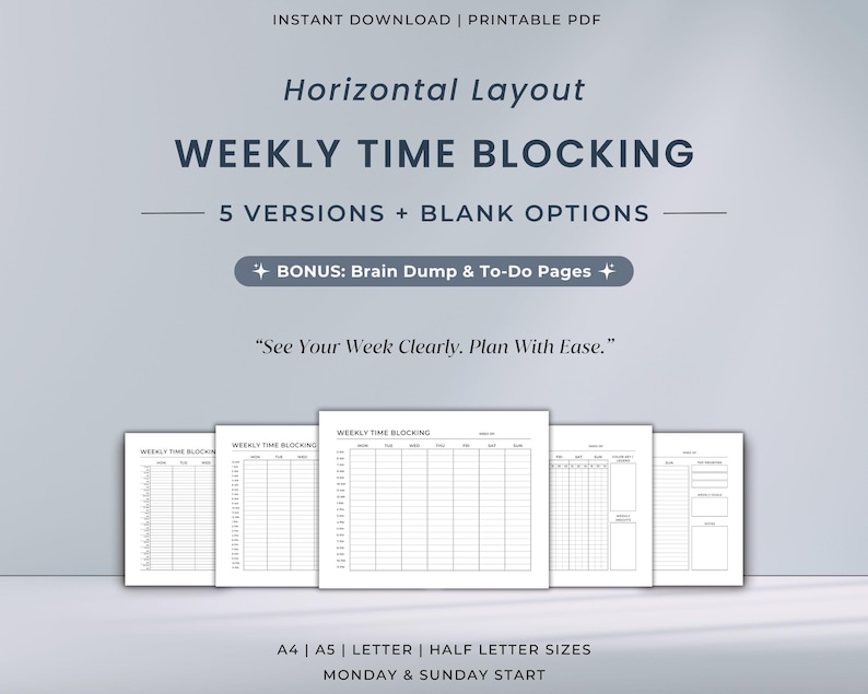 Horizontal Weekly Time Blocking Set | Hourly Weekly Schedule | Bonus ...