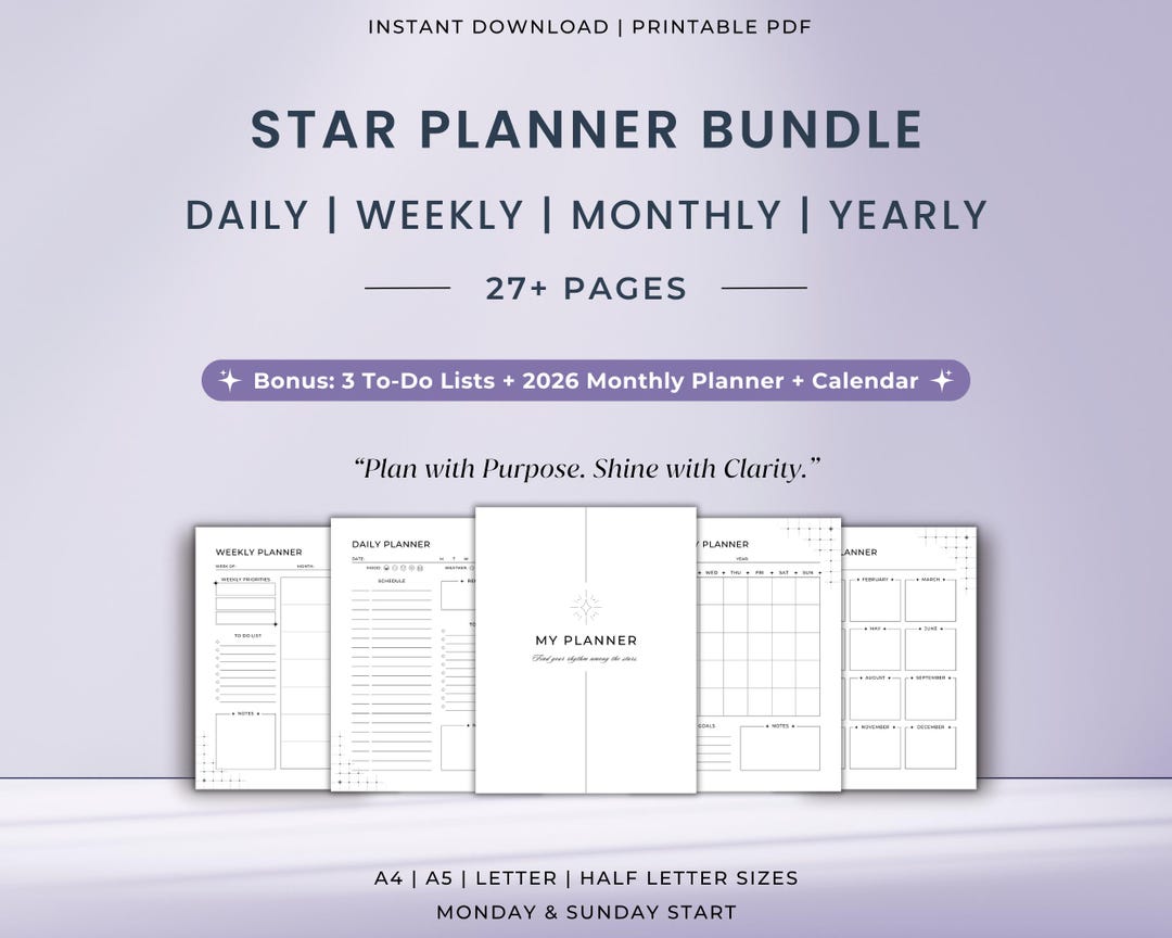 Minimalist Star Themed Printable Planner Bundle | Daily, Weekly ...