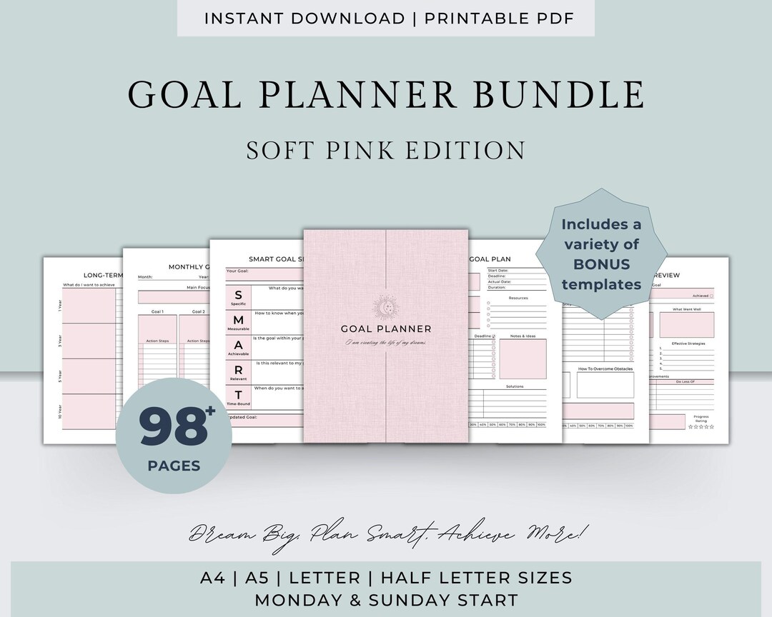 Goal Planner Bundle, Printable Pink SMART Goal Setting, Goal Action ...