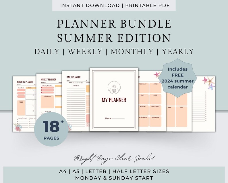 Planner Bundle Summer Edition Printable Daily, Weekly, Monthly, Yearly ...