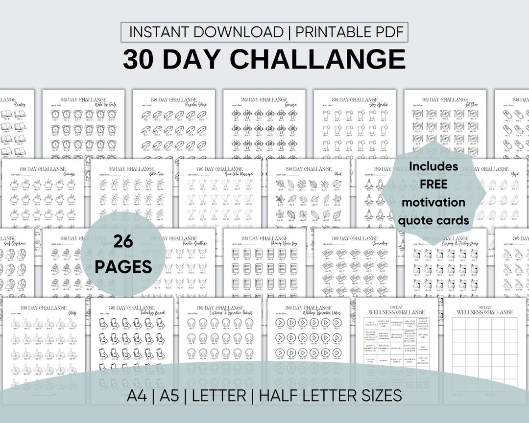 30 Day Challange Printable Bundle, Minimalist Template With Paintable ...