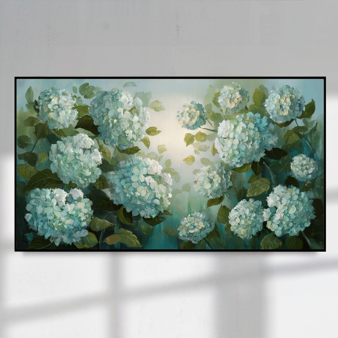 Samsung Frame TV Art Teal Hydrangea | Moody Garden Floral | Sage Green ...