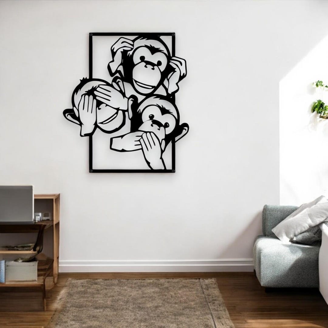No See Hear Speak Monkey Metal Wall Art - Funny Primate Silhouette Sign ...