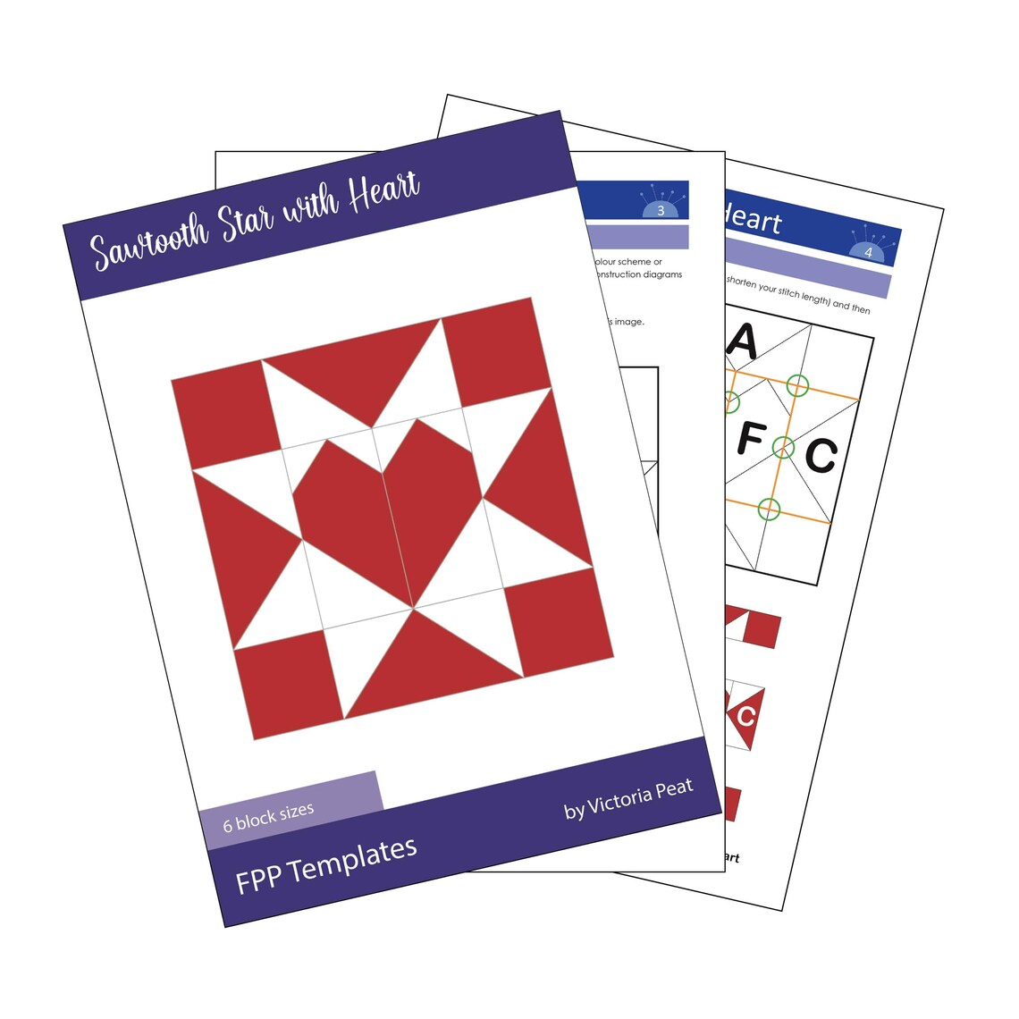 Sawtooth Star With Heart Quilt Block FPP Pattern (PDF Pattern) 6 Sizes ...