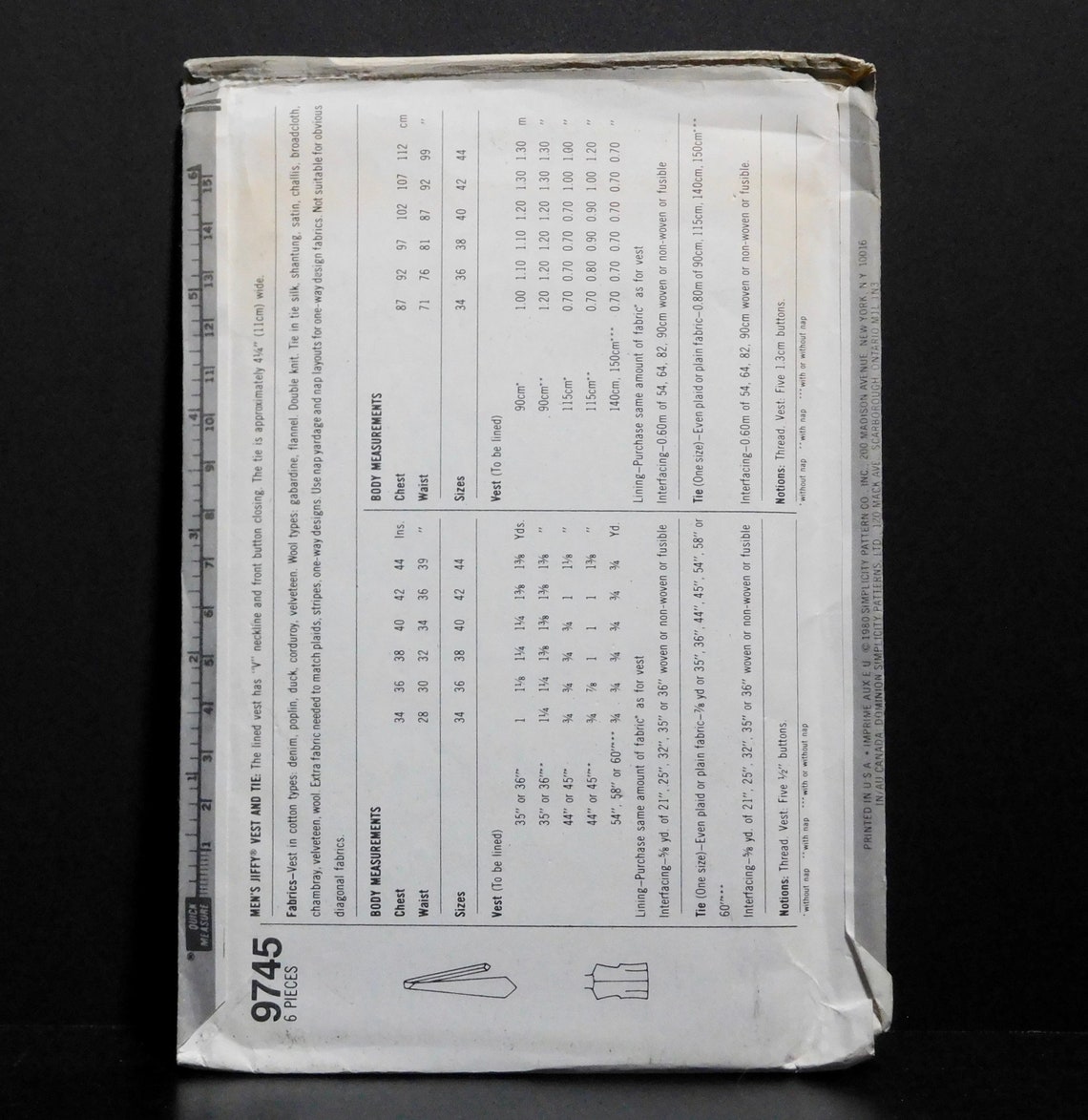 Men's Vest and Tie Jiffy Pattern Simplicity 9745 Size 42 - Etsy