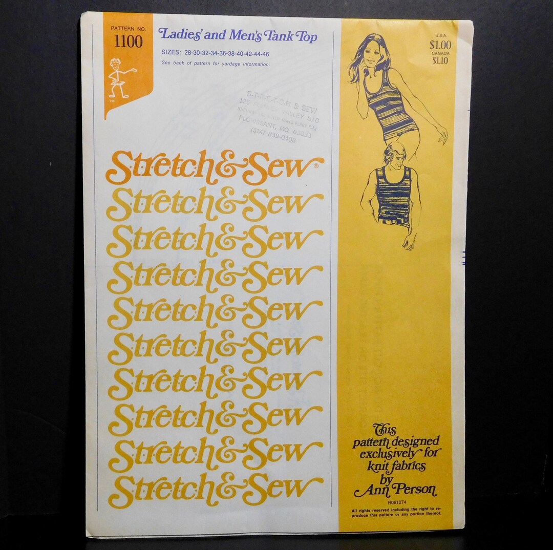 Stretch & Sew Ann Person Sewing Pattern 1100 Ladies and Mens Tank Top ...