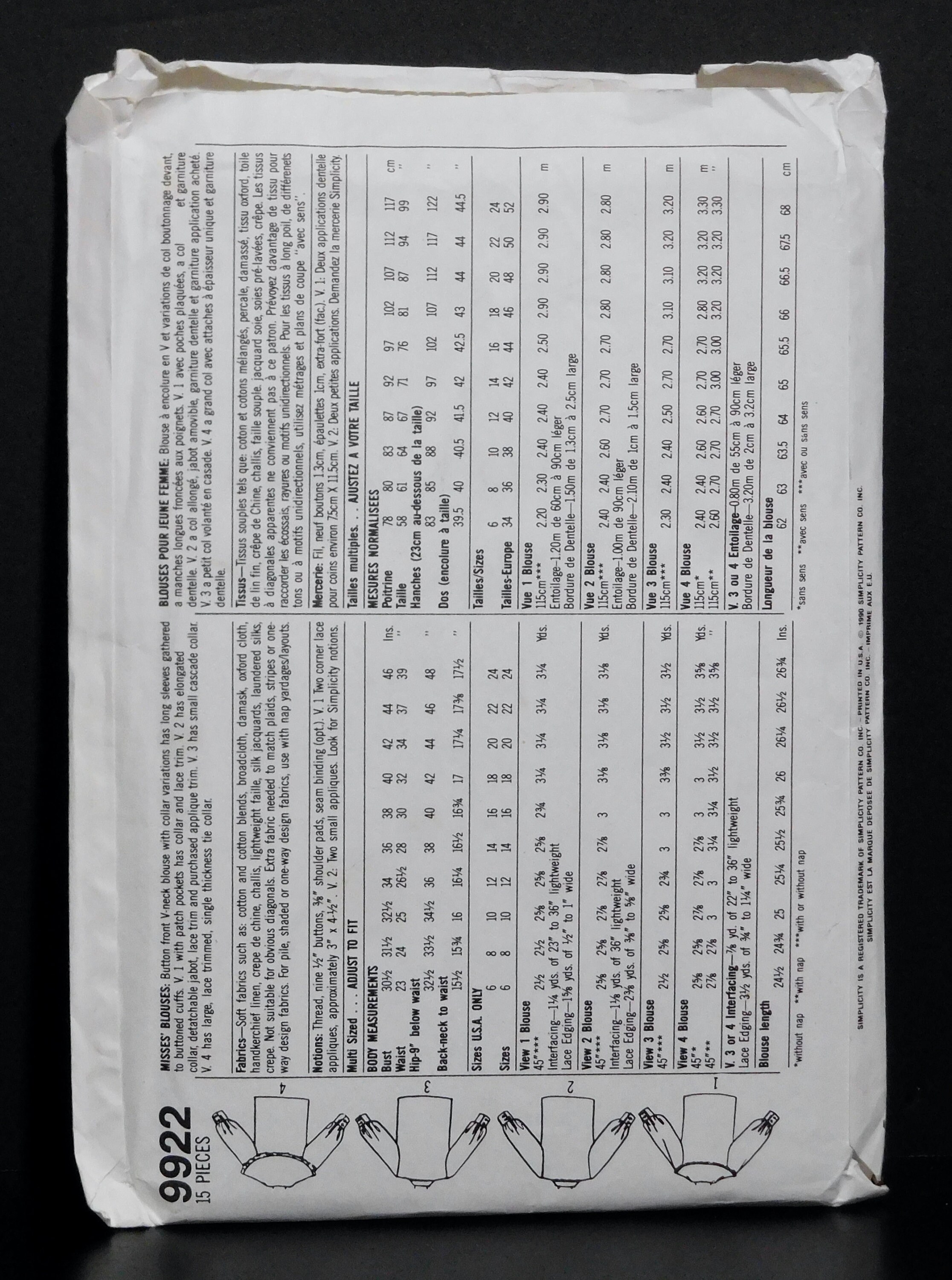 Misses Personal Fit Blouses Simplicity Sewing Pattern 9922 sizes 10 12 ...