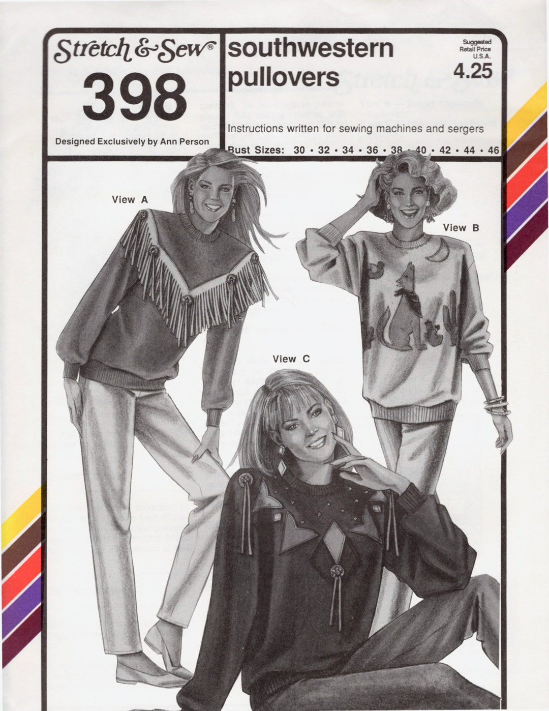 Stretch & Sew Ann Person Sewing Pattern 398 Southwestern Pullovers Bust ...