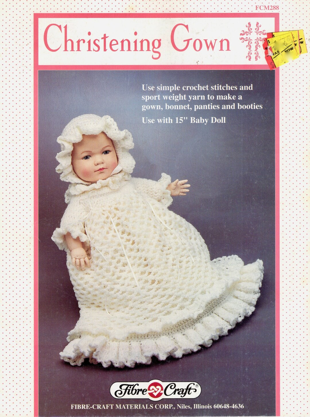 Christening Gown, 15 Baby Doll Gown and Bonnet, Fibre Craft Crochet ...