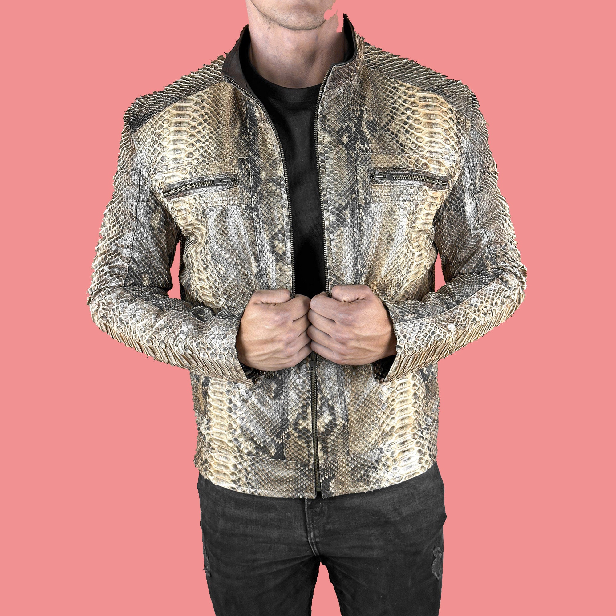 Brown Python Embossed Leather Jacket, Men's Luxury Motorcycle Python ...