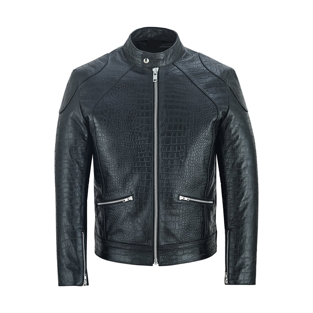 Green Alligator Embossed Leather Jacket, Men's Luxury Motorcycle Leather Jacket Party Jacket ...