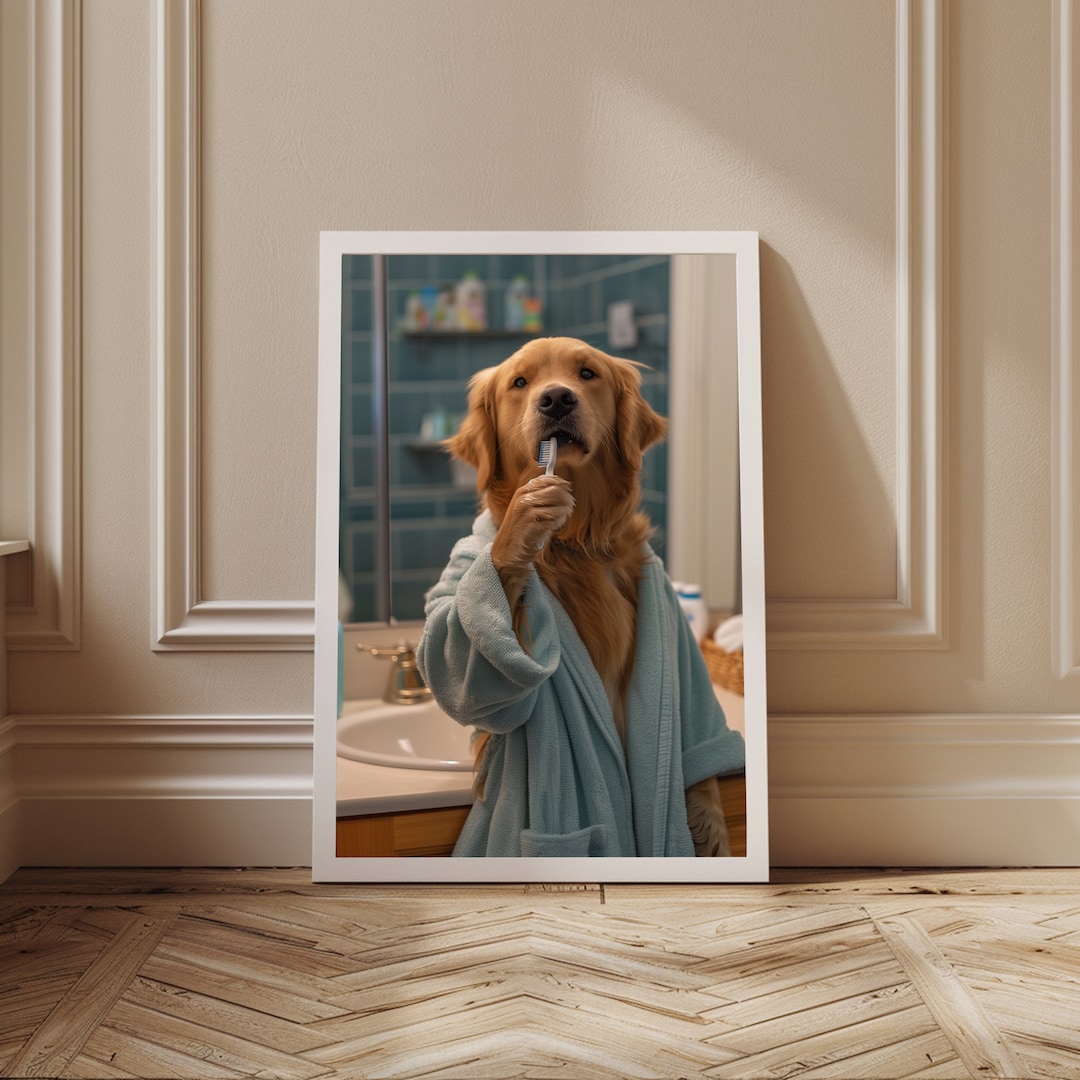 Golden Retriever Labrador Dog Brushing Teeth in Dressing Gown, Bath ...