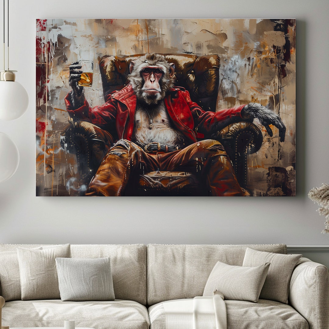 Abstract Monkey in Leather, Chimpanzee Drinking Whiskey Abstract Art ...