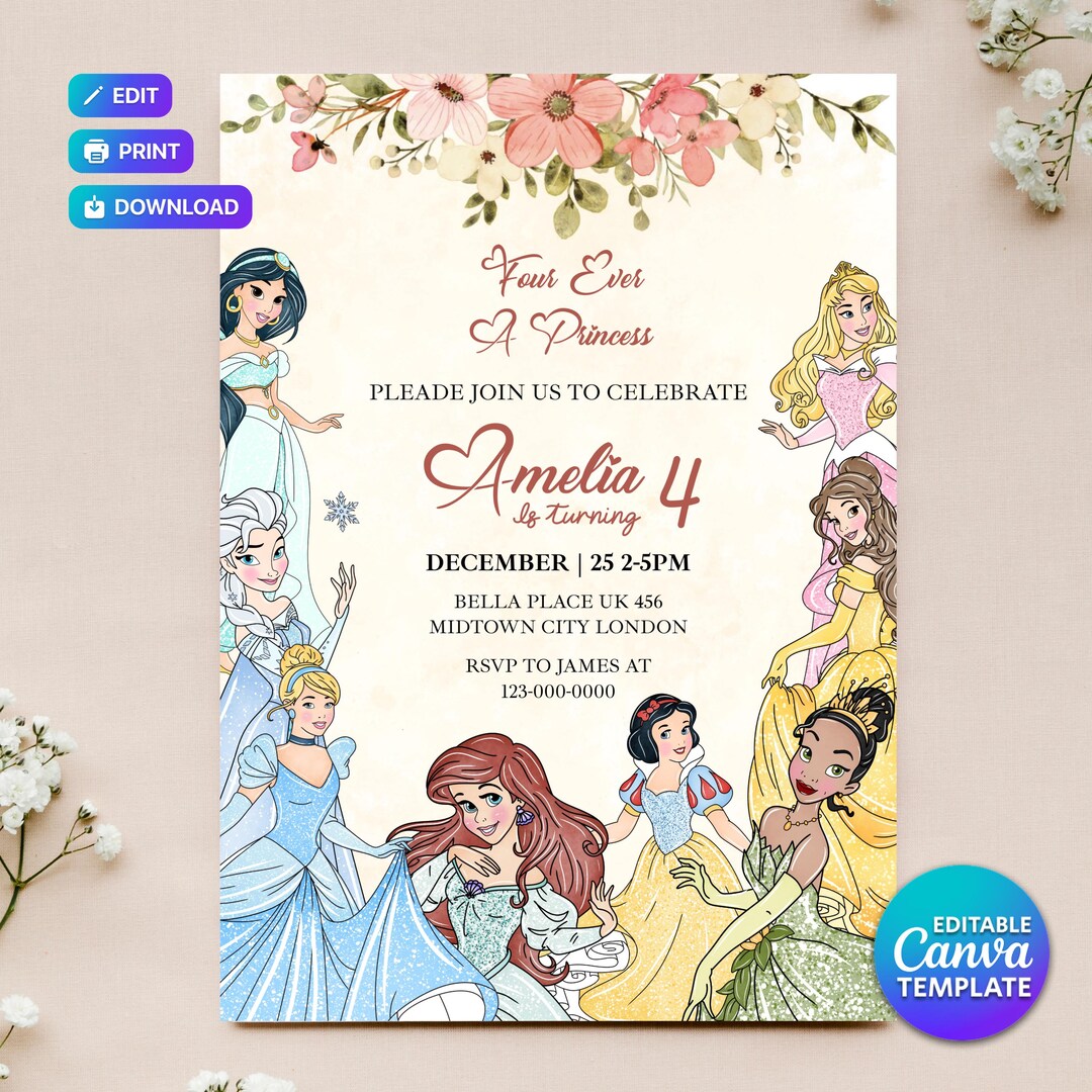 Princess Birthday Invitation, Girls Birthday Invite, Princess Theme ...
