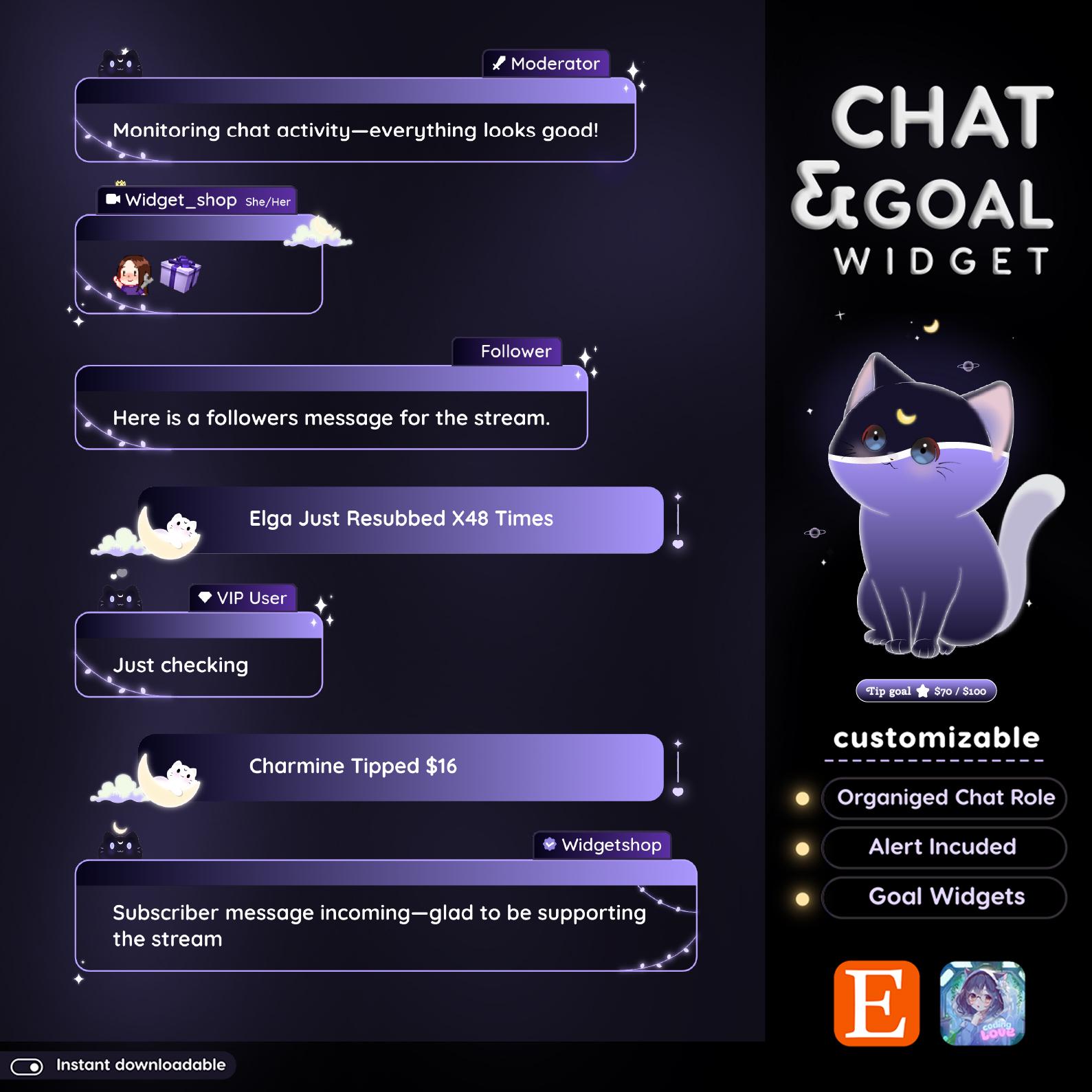 Lunar Cat Twitch Chat Widget - Dark Theme Chat & Goal (streamelements ...