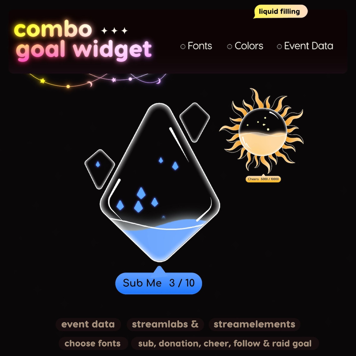 Combo Twitch Stream Goal Widget | Moon, Crystal, Sun, Love Customizable ...