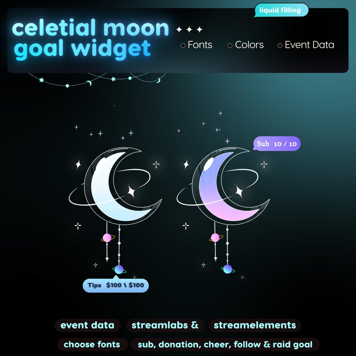 Celestial Moon Twitch Stream Goal Widget | Customizable Sub, Donation ...