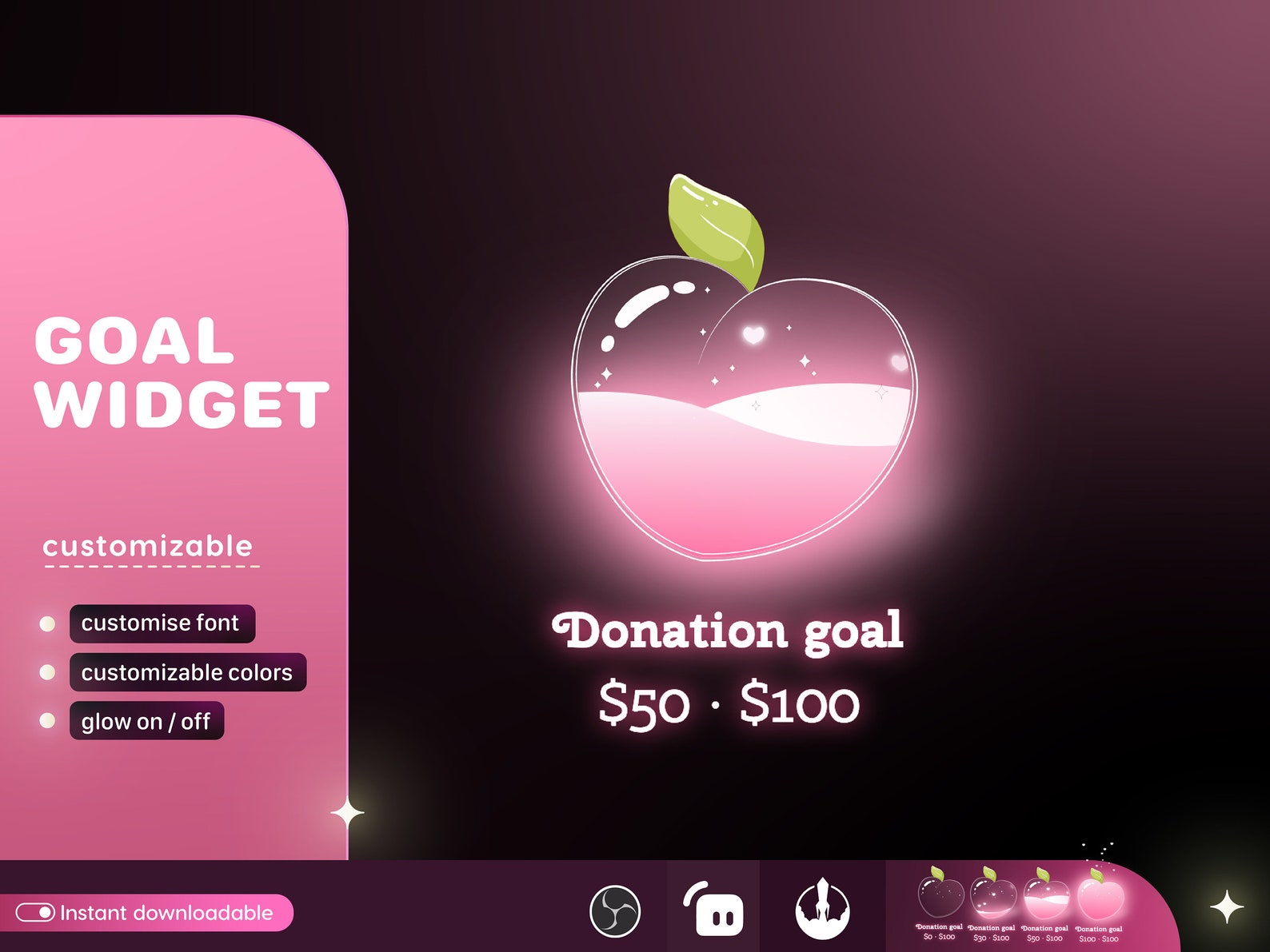 Cute Peach Glass Goal Widget-cute Minimal Customizable Goal Widget for Twitch Streamers ...