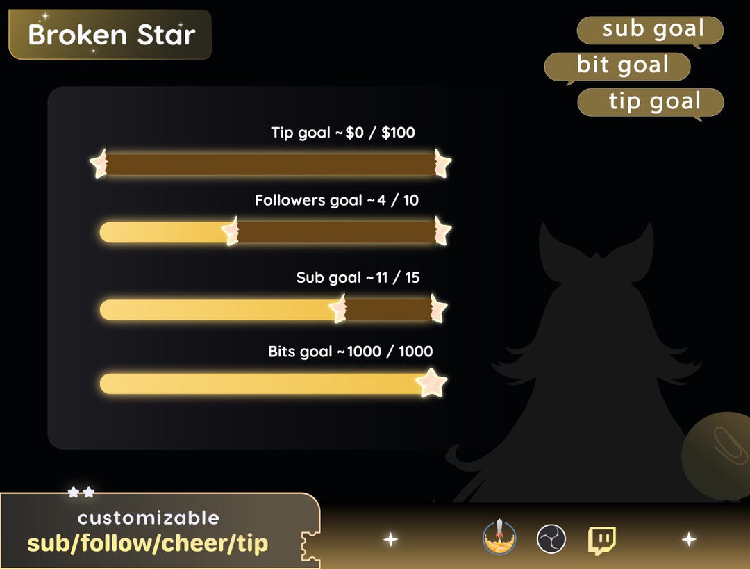 Customizable Broken Star Bar Goal Widget for Twitch OBS Streamelements ...