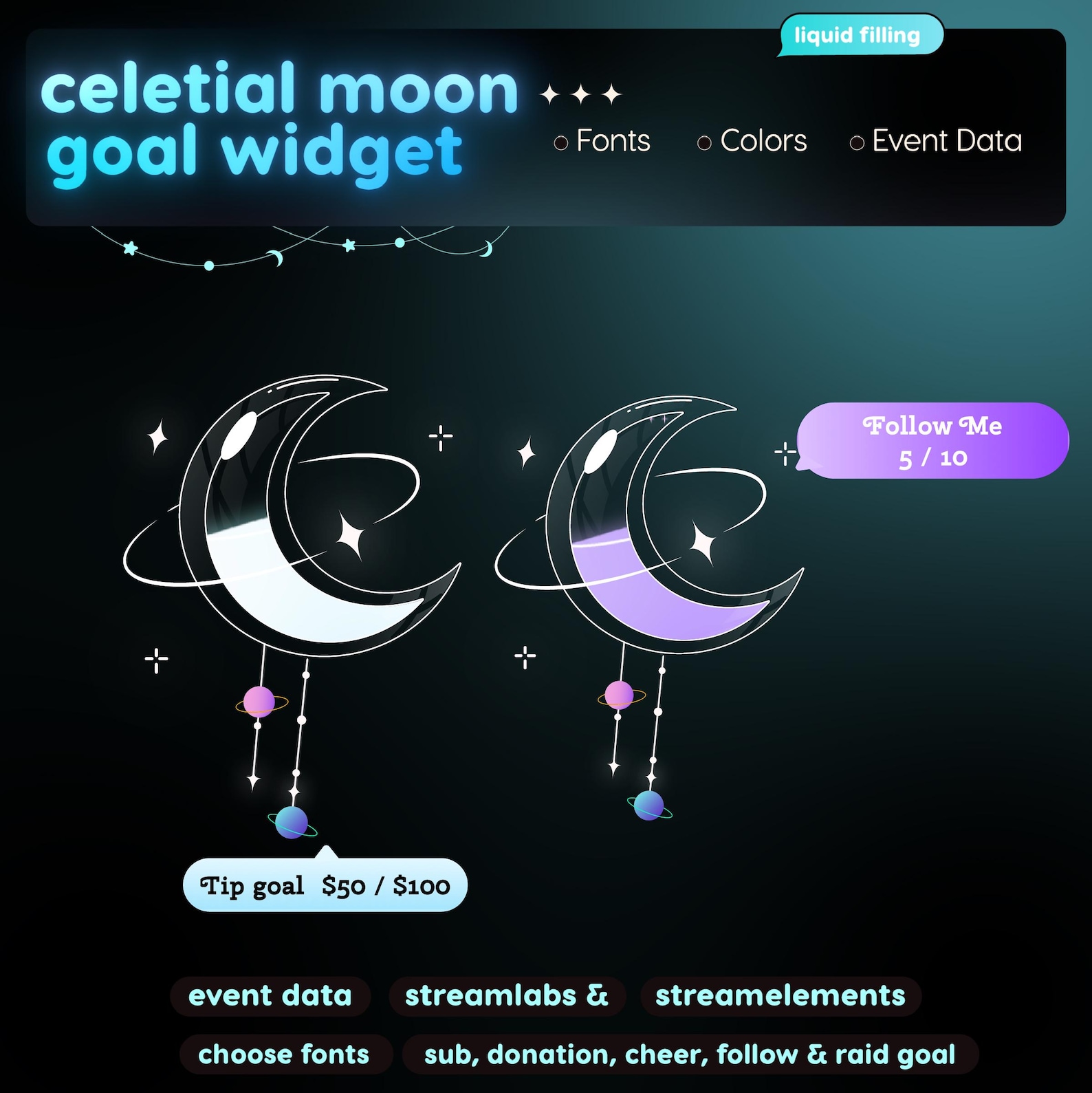 Celestial Moon Twitch Stream Goal Widget | Customizable Sub, Donation ...