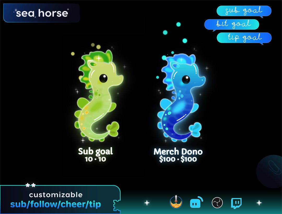 Cute Sea Horse Liquid Filling Goal Widget is Fully Customisable for Twitch Streamlabs and ...