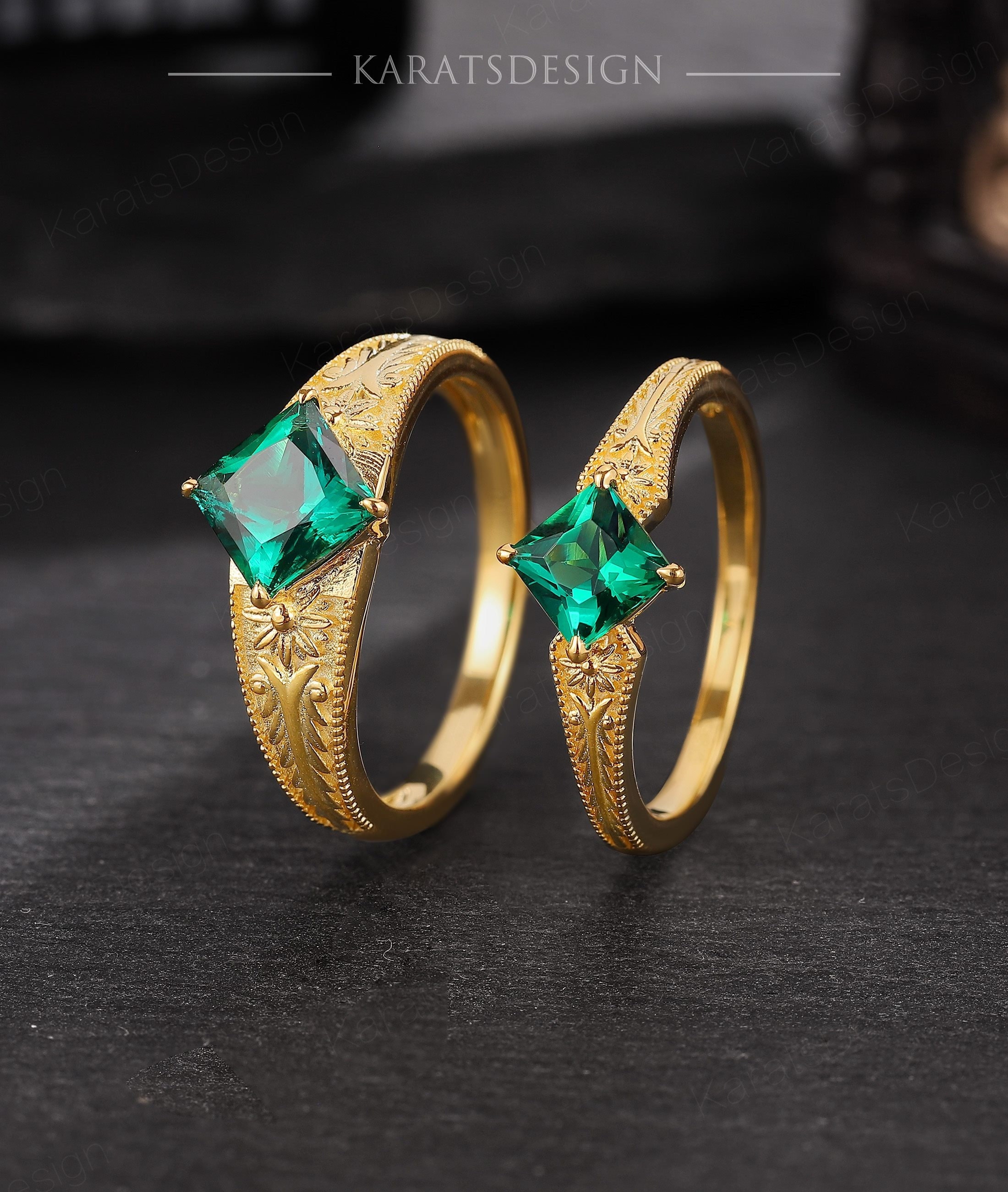 Vintage Princess Cut Emerald Couple Promise Ring Unique Engraved Solid ...