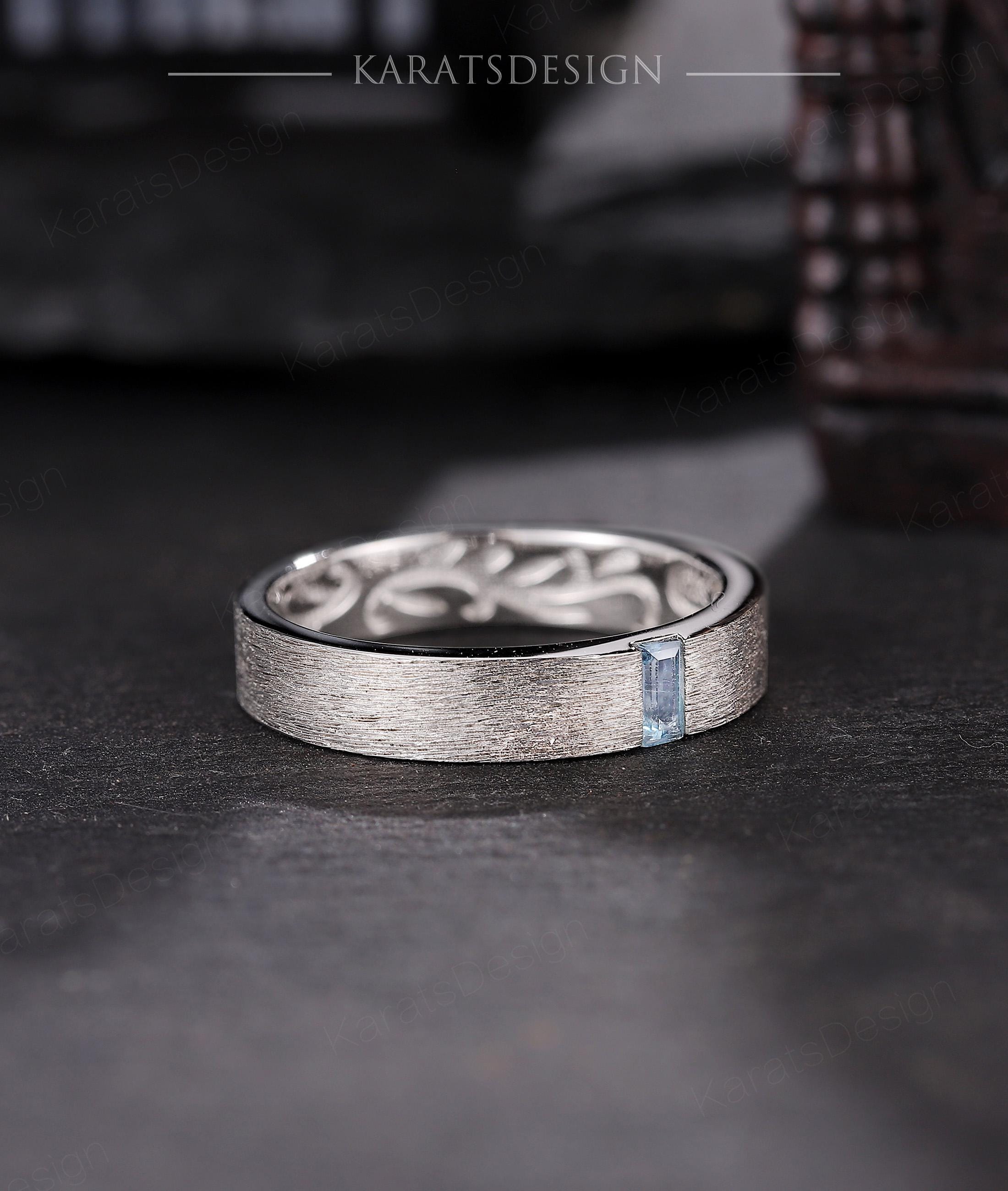 Vintage Baguette Blue Topaz Men's Engagement Ring 14k White Gold Men's ...