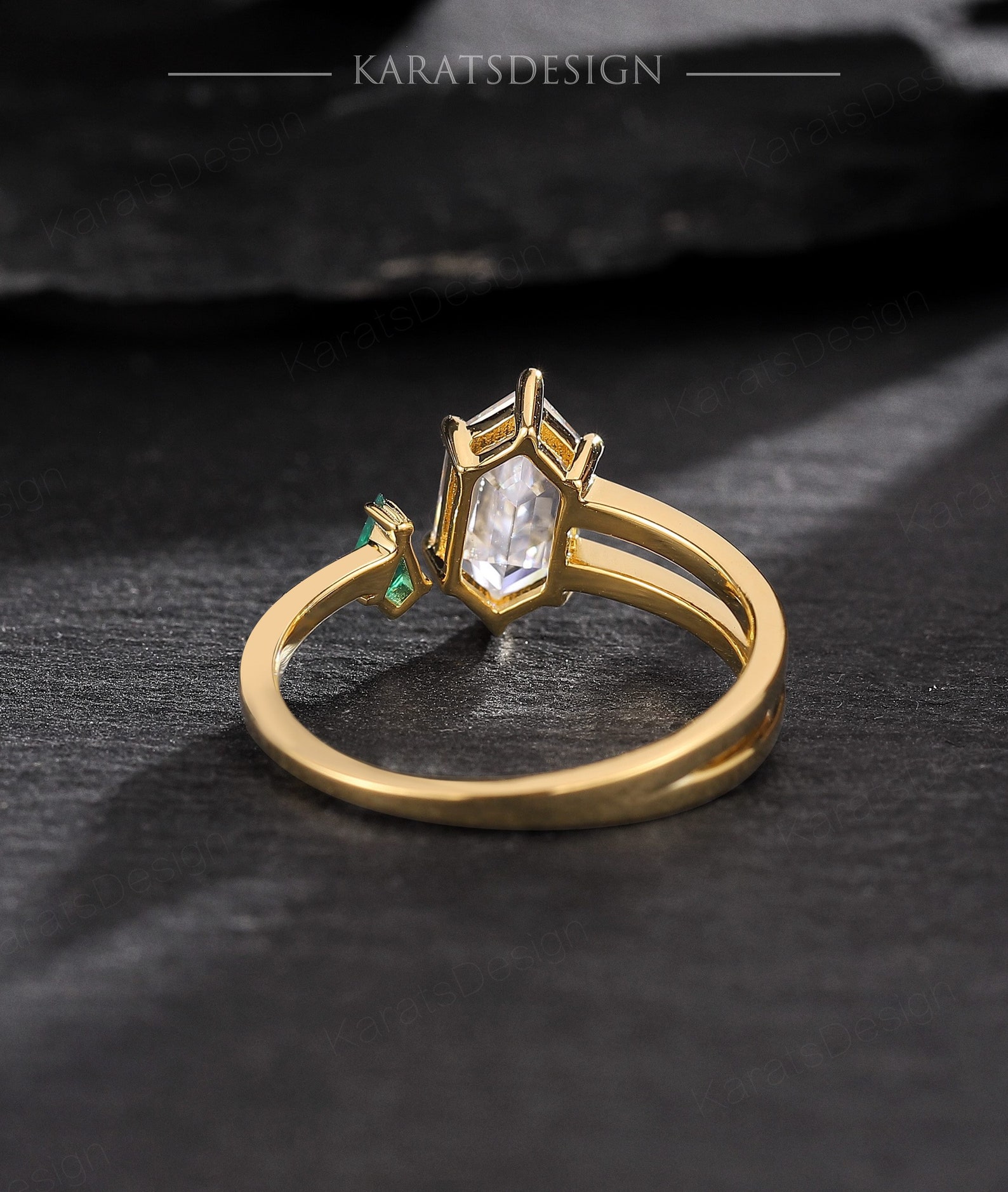 Unique Long Hexagon Cut Moissanite and Kite Emerald Wedding Band Open ...