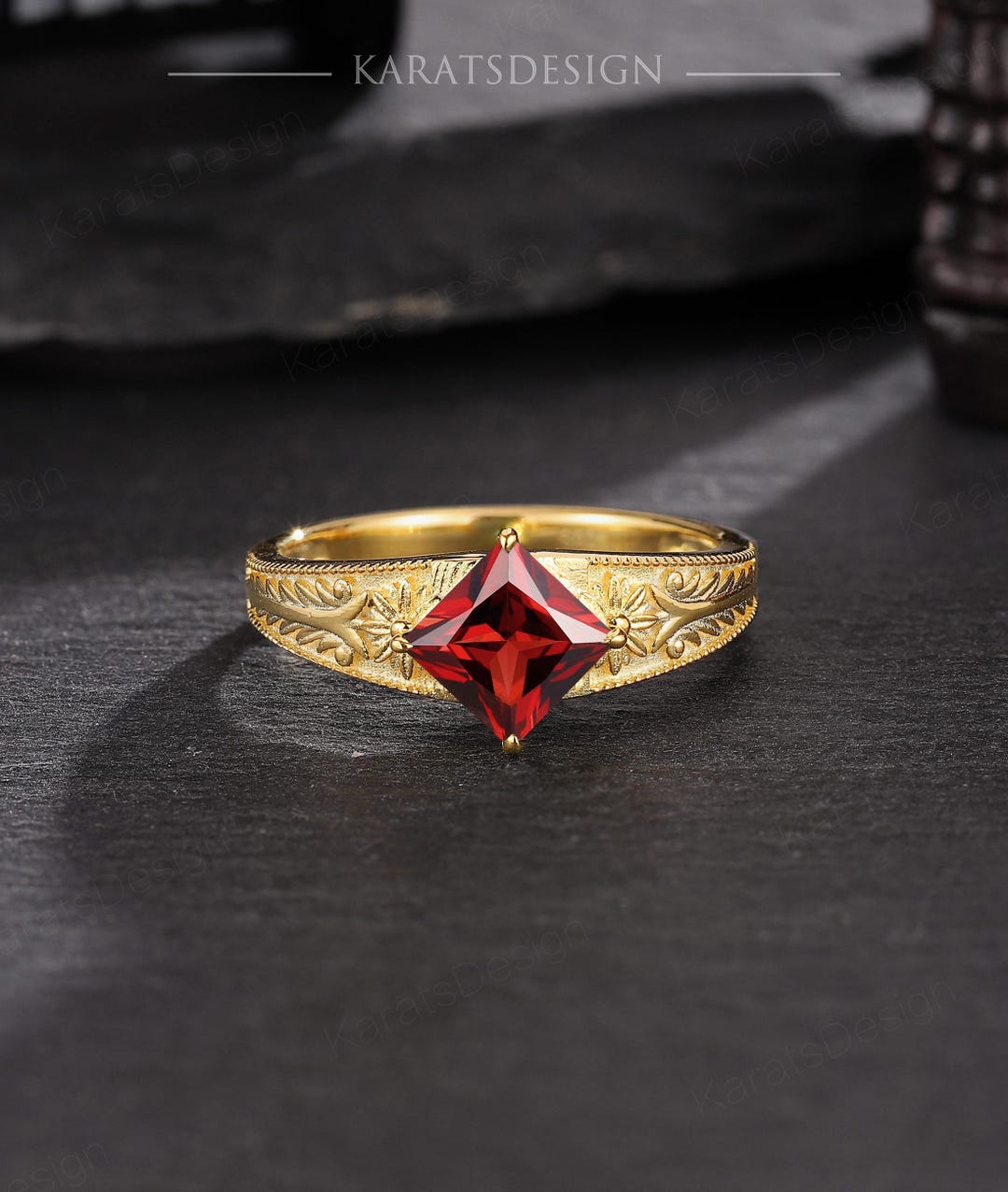 Vintage Men's Ruby Wedding Band Unique Engraved 14k Gold Ruby Wedding ...