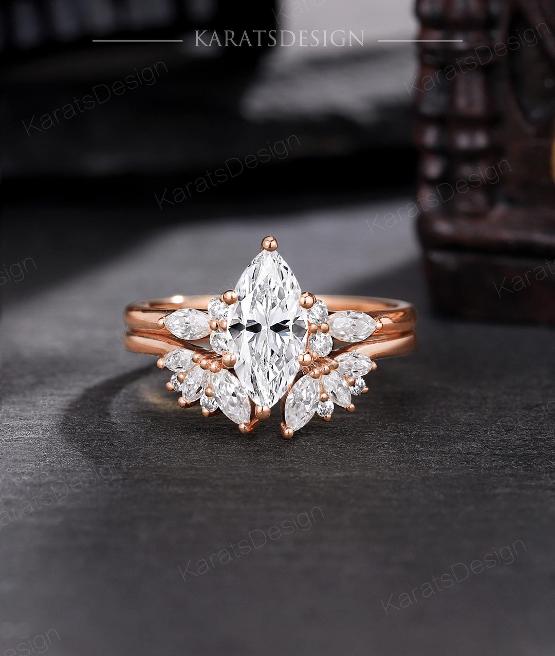 Vintage Marquise Diamond Engagement Ring Set Rose Gold Moissanite ...