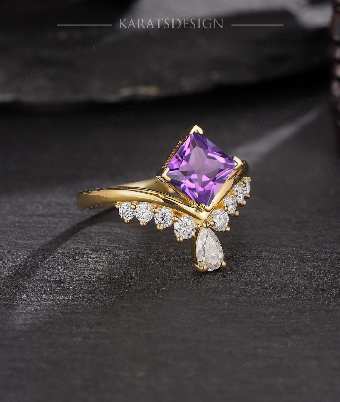 Antique Princess Cut Amethyst Engagement Ring V Shape Design Moissanite ...