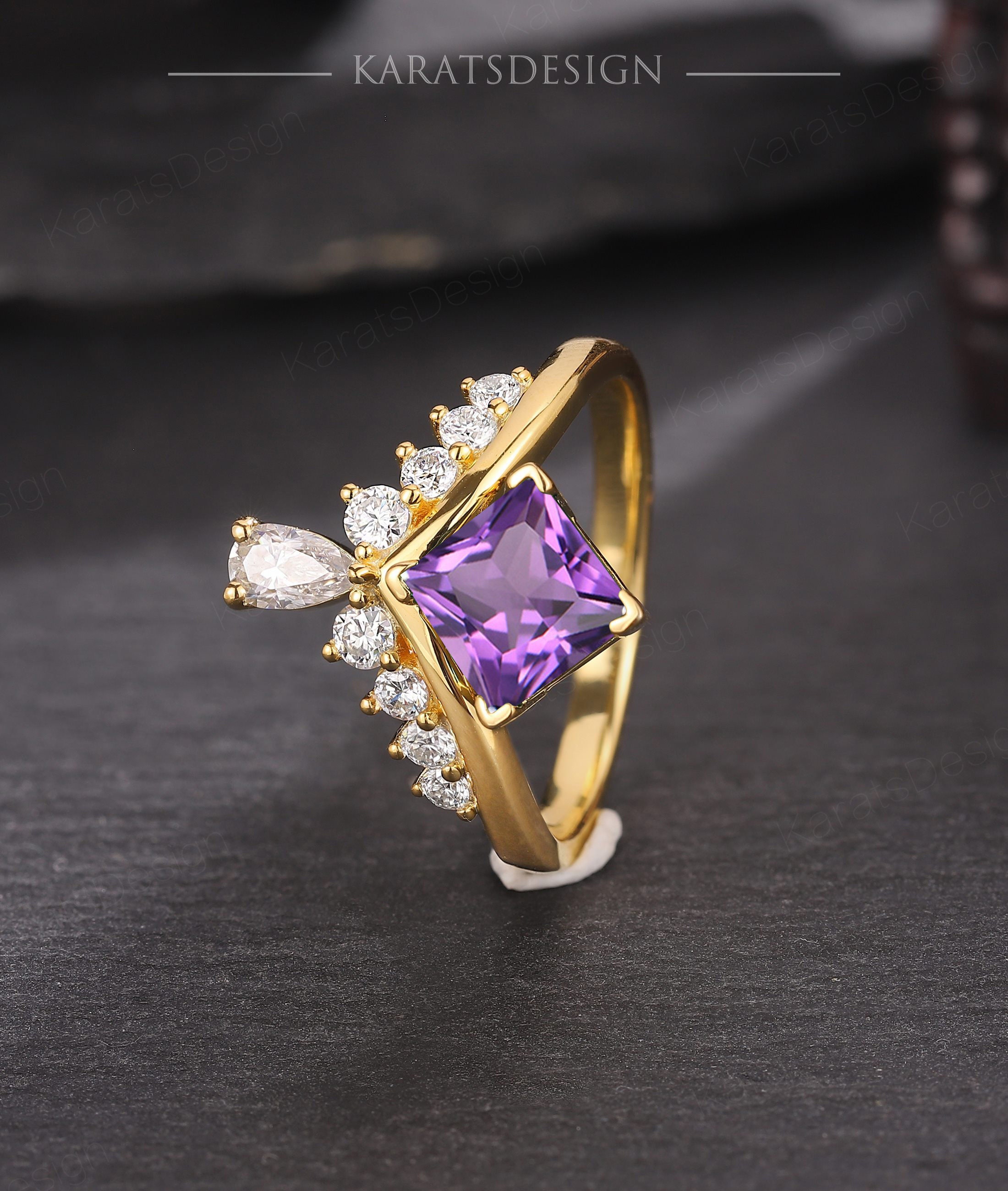 Antique Princess Cut Amethyst Engagement Ring V Shape Design Moissanite ...