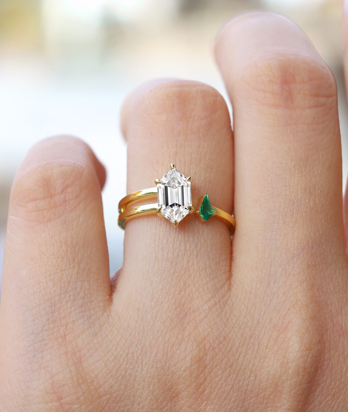 Unique Long Hexagon Cut Moissanite and Kite Emerald Wedding Band Open ...