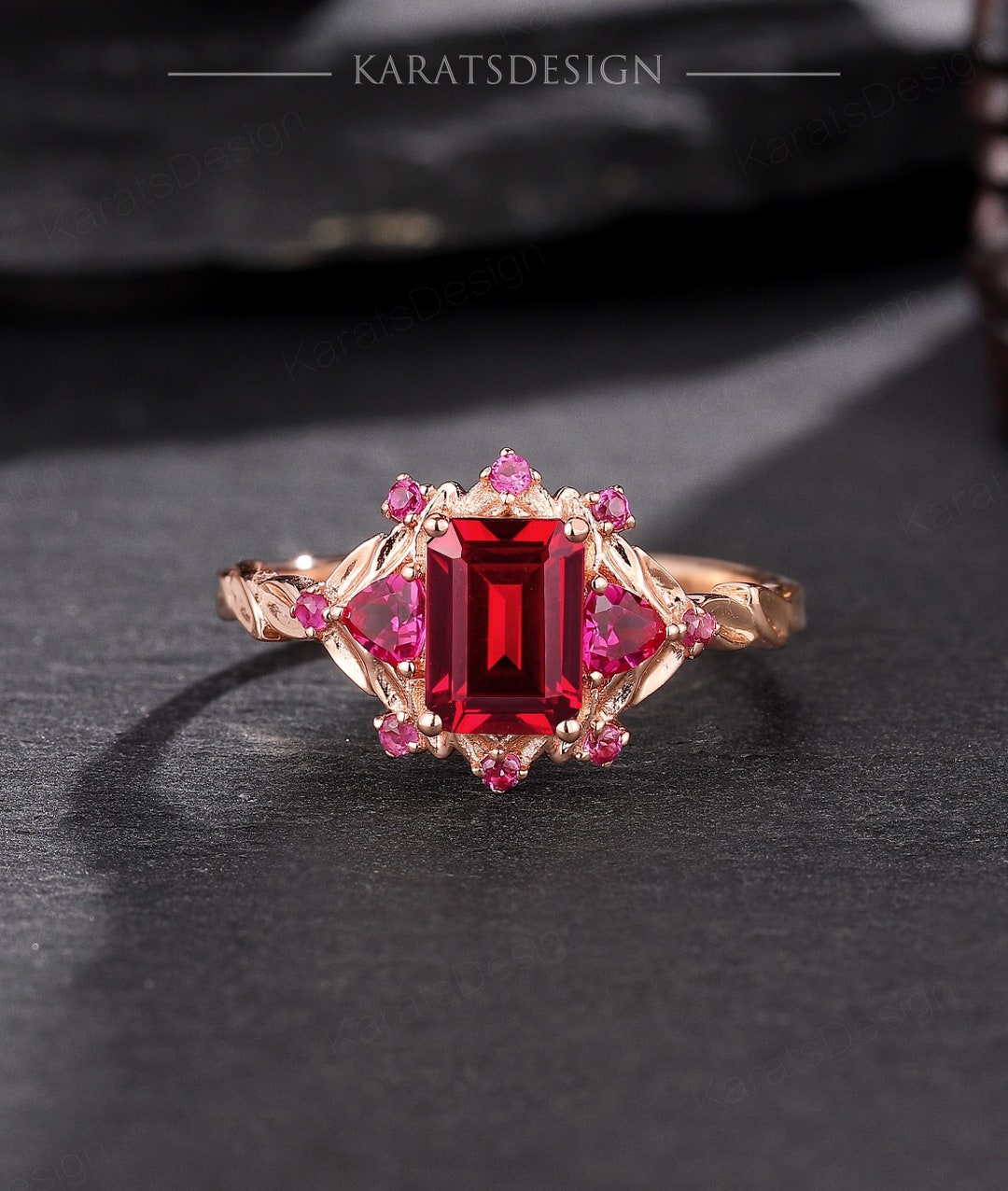 Unique Emerald Cut Ruby Nature Inspired Wedding Ring Natural Ruby ...
