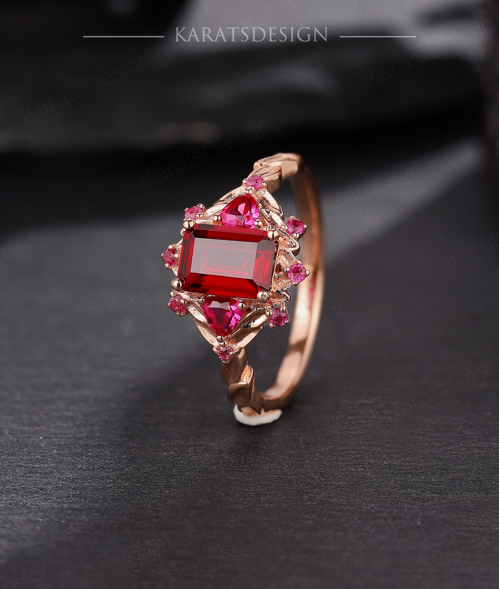 Unique Emerald Cut Ruby Nature Inspired Wedding Ring Natural Ruby ...