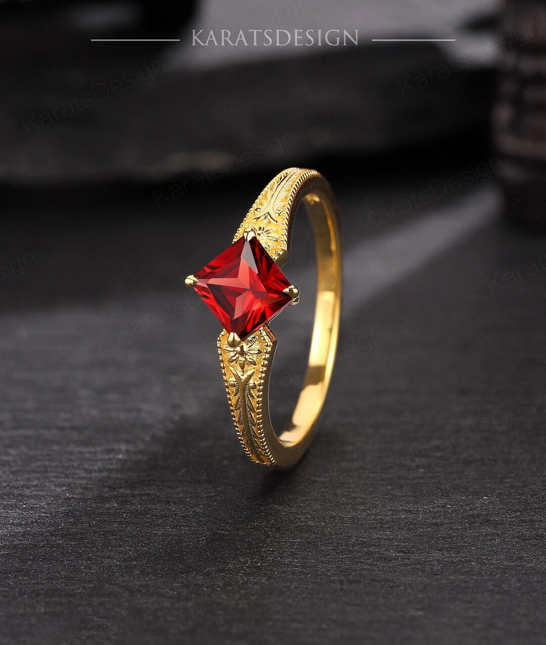 Natural Princess Cut Garnet Flower Engagement Ring for Women Unique ...