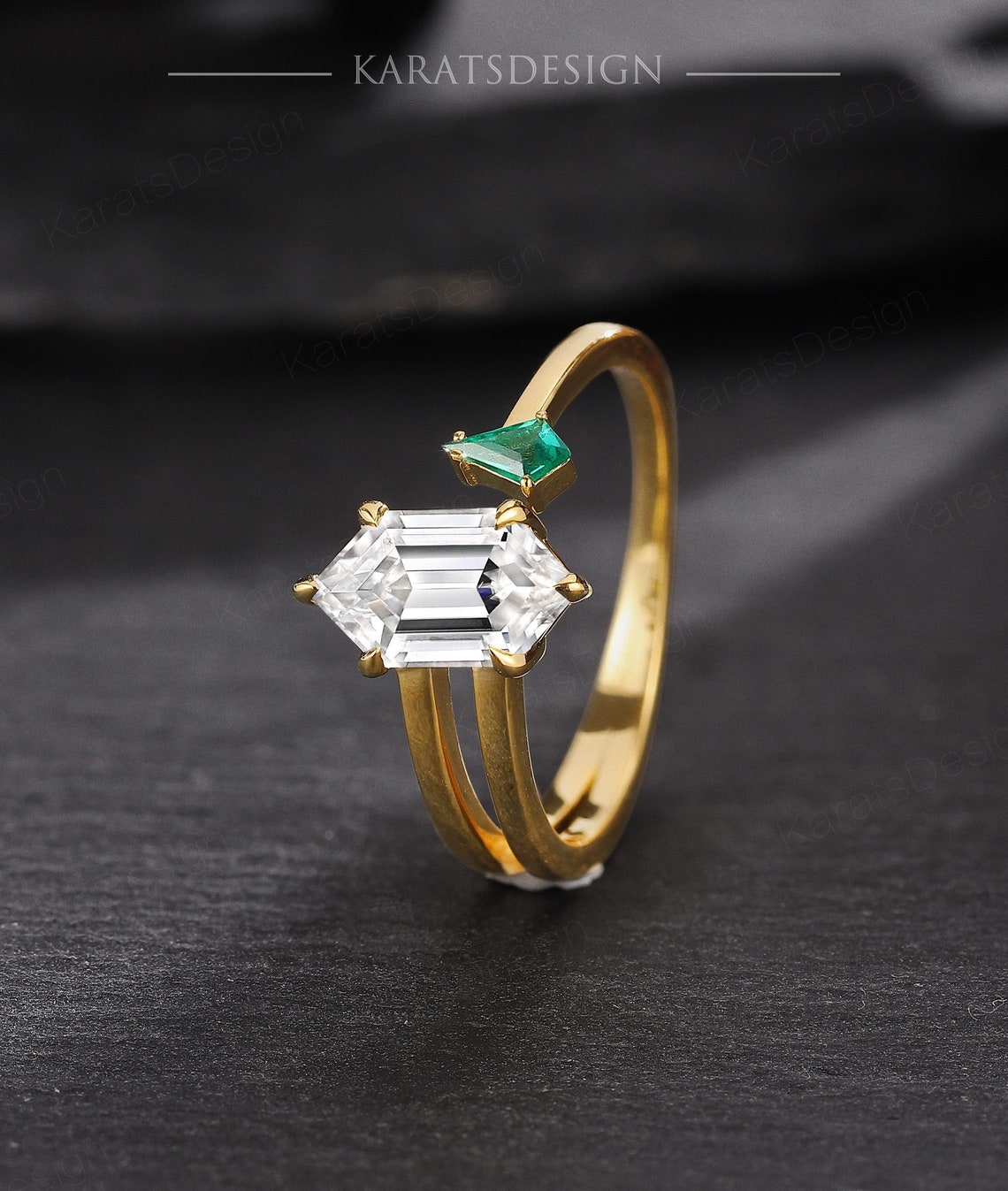 Unique Long Hexagon Cut Moissanite and Kite Emerald Wedding Band Open ...